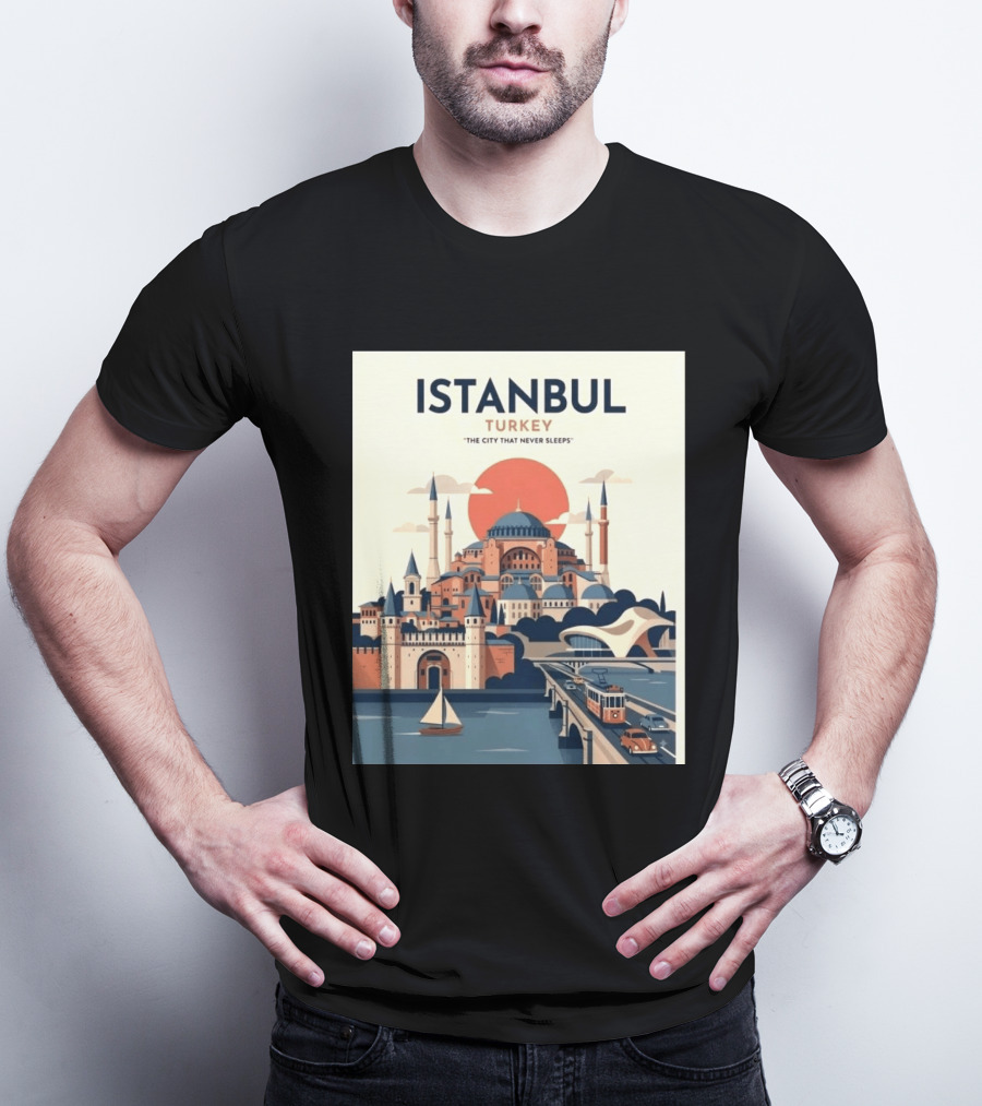 Istanbul Turkey The City That Never Sleeps Iconic Landmarks Urban Skyline Retro Style Scenic Tram And Sailboat T-Shirt