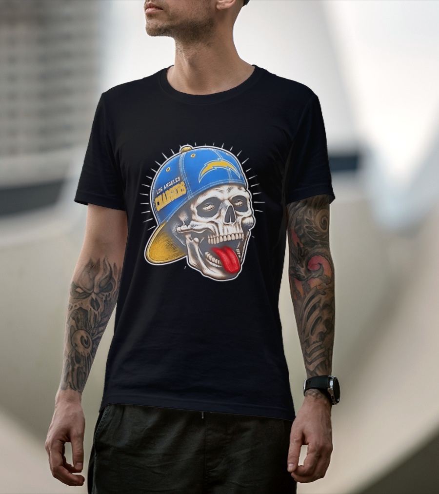 Los Angeles Chargers Skull Tongue Out Cap Football T-Shirt