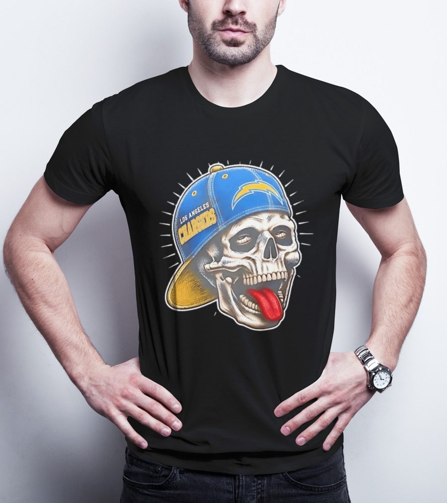 Los Angeles Chargers Skull Tongue Out Cap Football T-Shirt