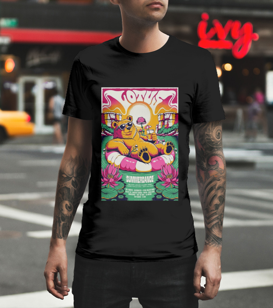 Lotus Summerdance 2026 Garrettsville OH Nelson Ledges Quarry Park Sep 4 6 With Bear Floating On Pool Relaxed Vibes T-Shirt