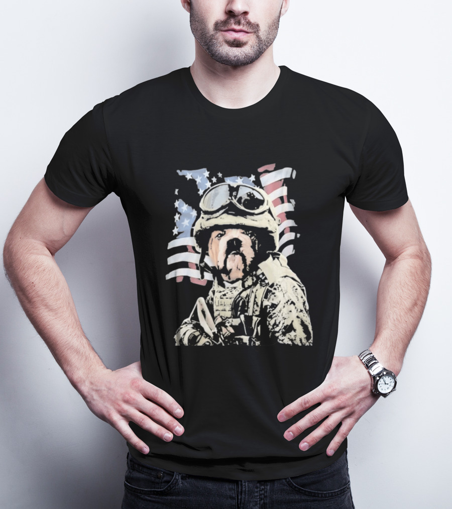 American Bulldog Soldier With United States Flag Goggles And Military Gear T-Shirt
