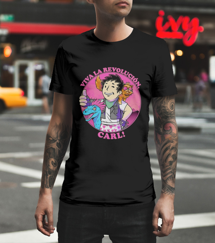 Viva La Revolución Carl Fallout Vault Boy Dinosaur Cat T-Shirt