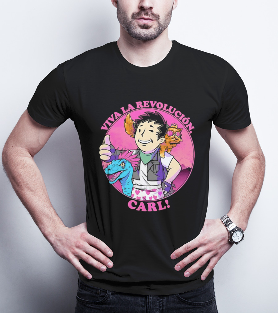 Viva La Revolución Carl Fallout Vault Boy Dinosaur Cat T-Shirt