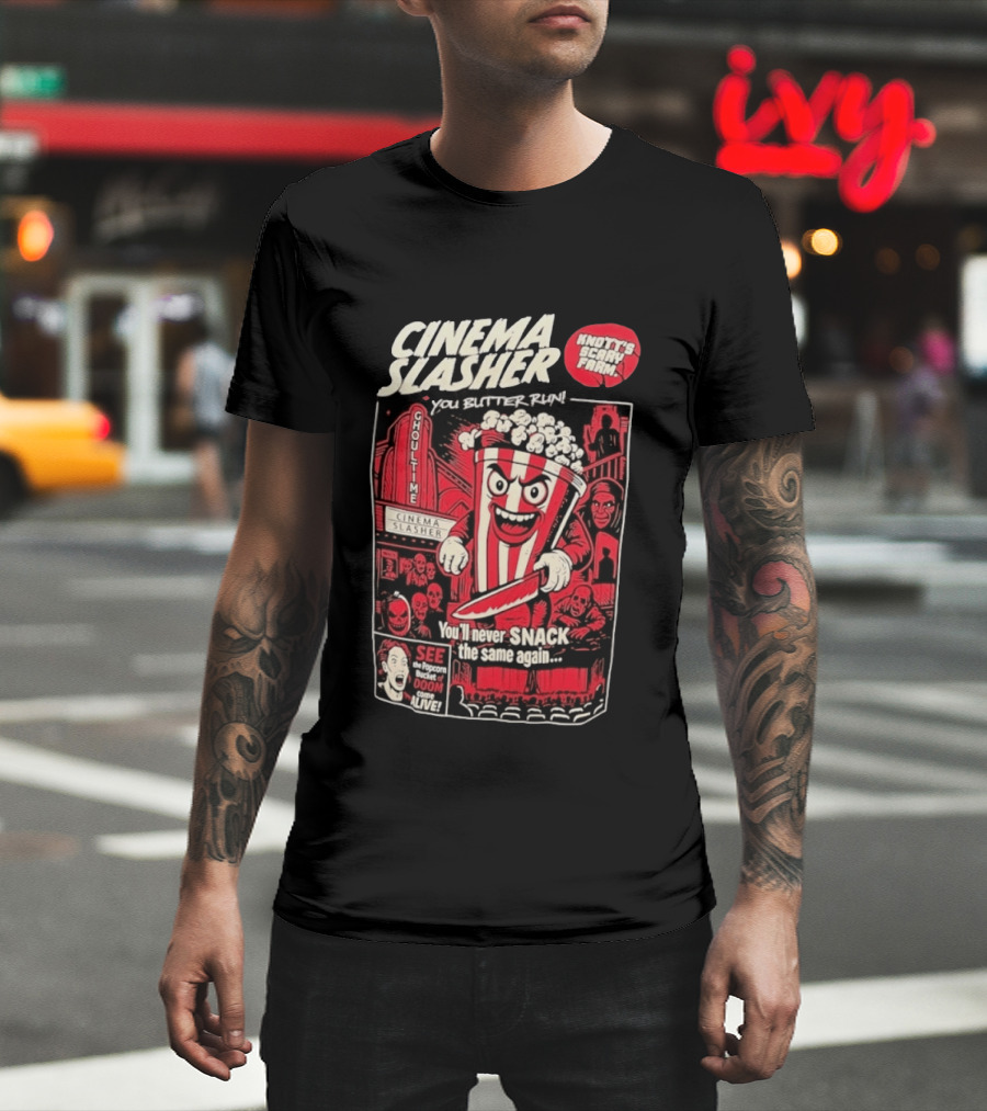 Cinema Slasher You Butter Run Knott's Scary Farm Popcorn Bucket Of Doom T-Shirt