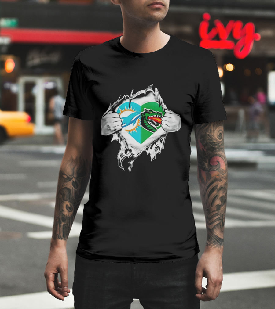 Miami Dolphins UAB Blazers Heart Superman Chest Rip T-Shirt