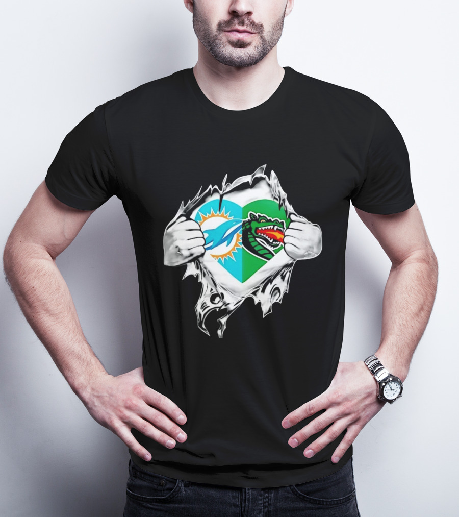 Miami Dolphins UAB Blazers Heart Superman Chest Rip T-Shirt