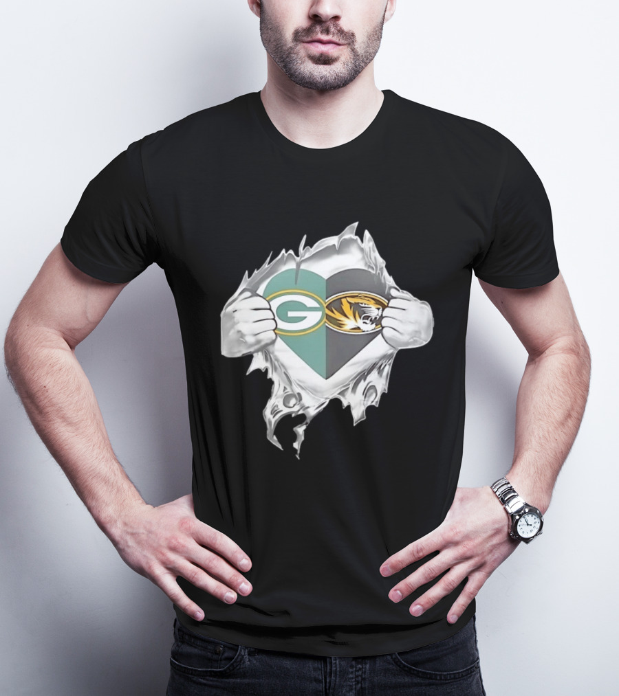 Green Bay Packers Missouri Tigers Heart Superman Chest Rip T-Shirt