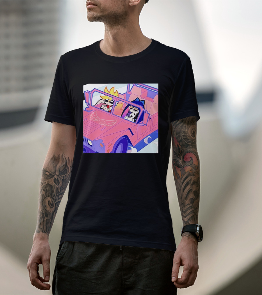 Panty And Stocking With Garterbelt Anime Characters Riding In Pink Car T-Shirt