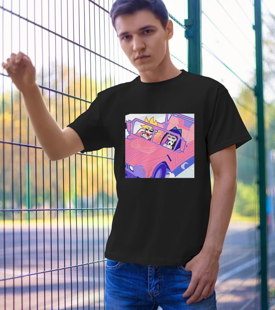 Panty And Stocking With Garterbelt Anime Characters Riding In Pink Car T-Shirt