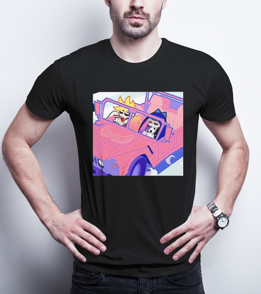 Panty And Stocking With Garterbelt Anime Characters Riding In Pink Car T-Shirt