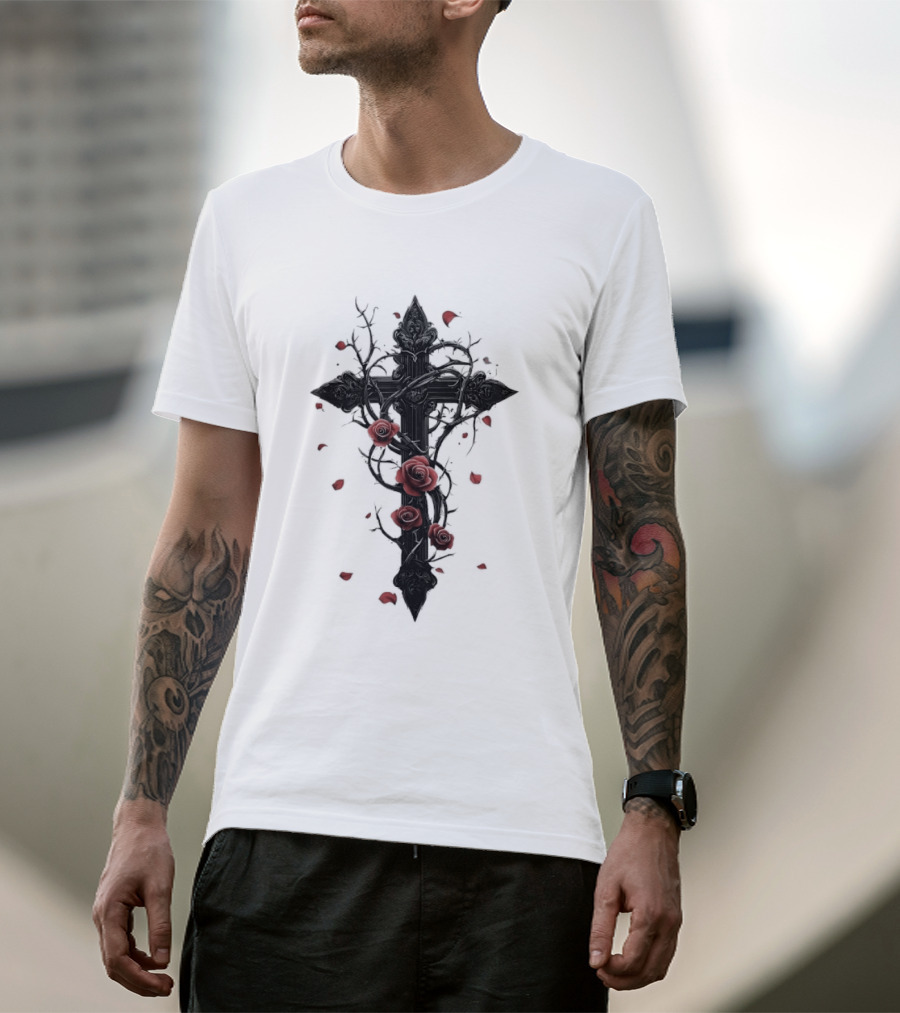 Gothic Cross Red Roses Thorns Religious Symbol Roses T-Shirt