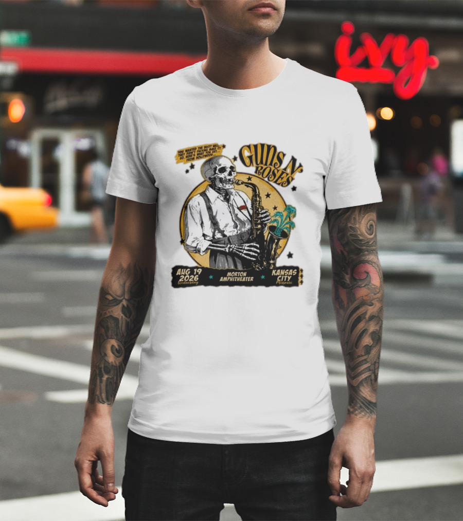 Guns N' Roses Aug 19 2026 Morton Amphitheater Kansas City Skeleton Saxophone T-Shirt