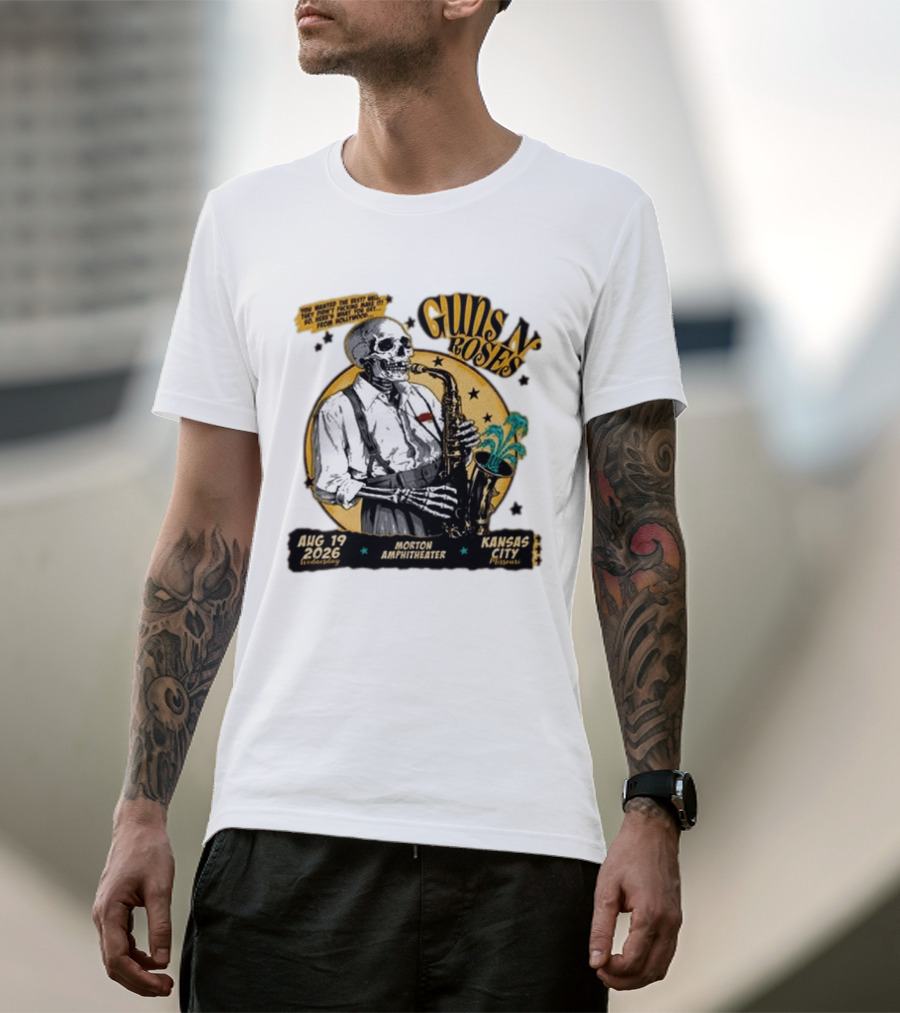 Guns N' Roses Aug 19 2026 Morton Amphitheater Kansas City Skeleton Saxophone T-Shirt