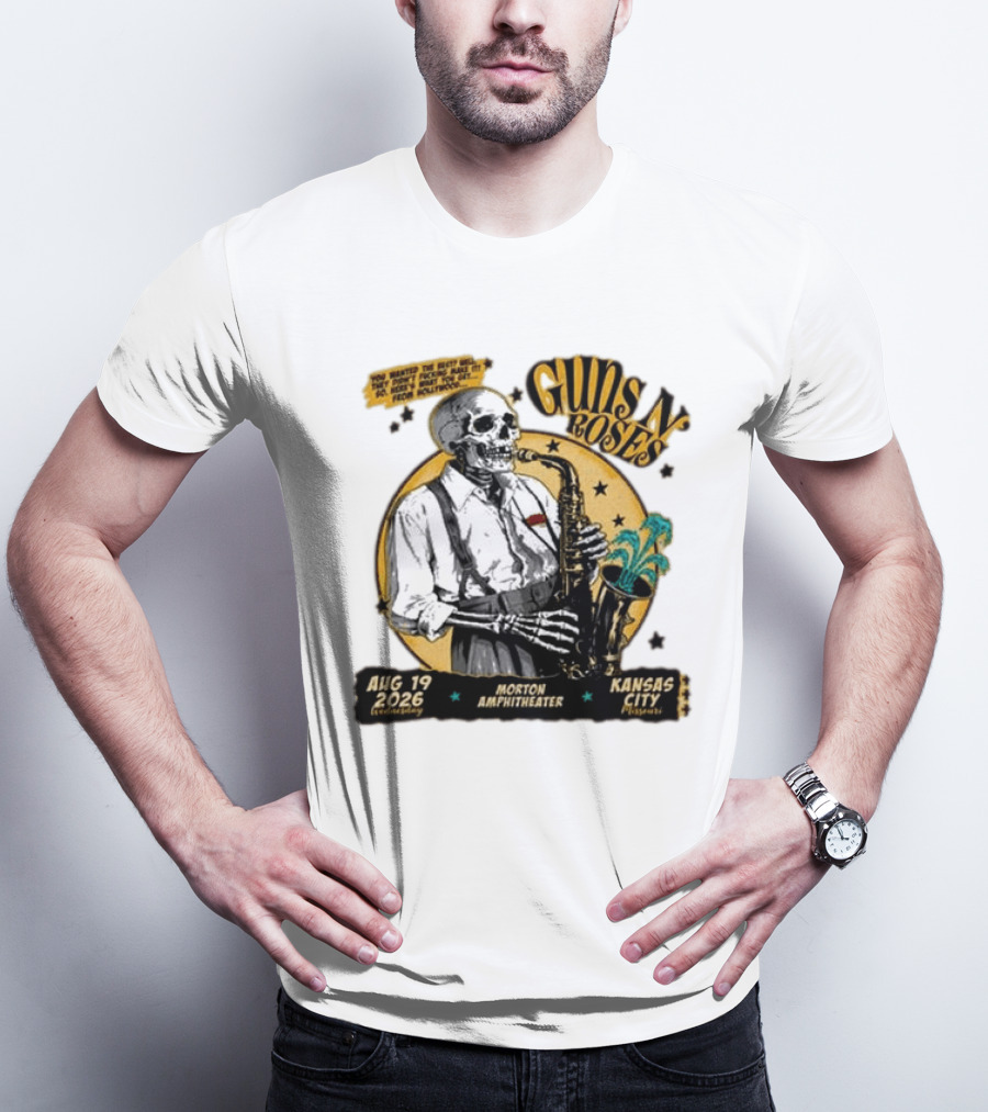 Guns N' Roses Aug 19 2026 Morton Amphitheater Kansas City Skeleton Saxophone T-Shirt