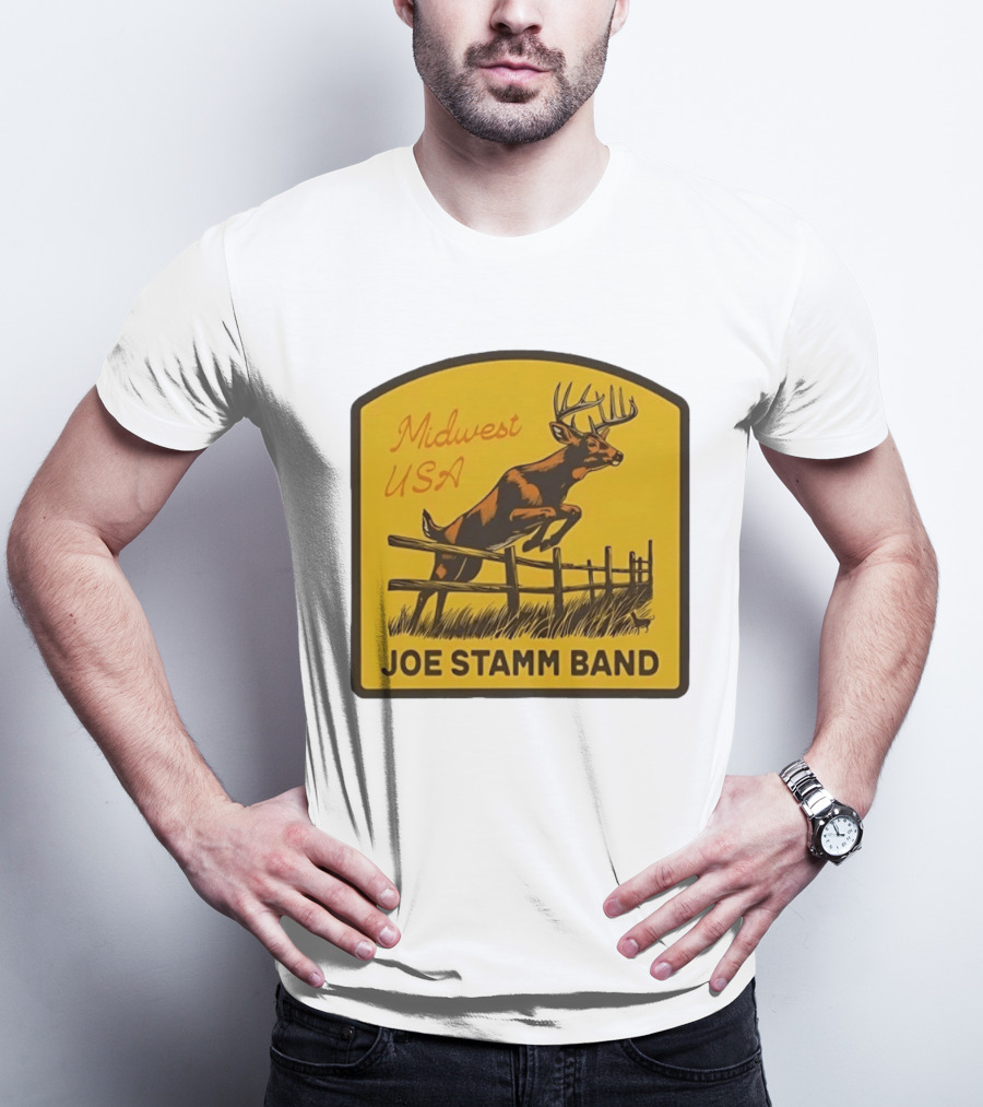Joe Stamm Band Midwest USA Deer Jumping Fence Over Farm Field T-Shirt