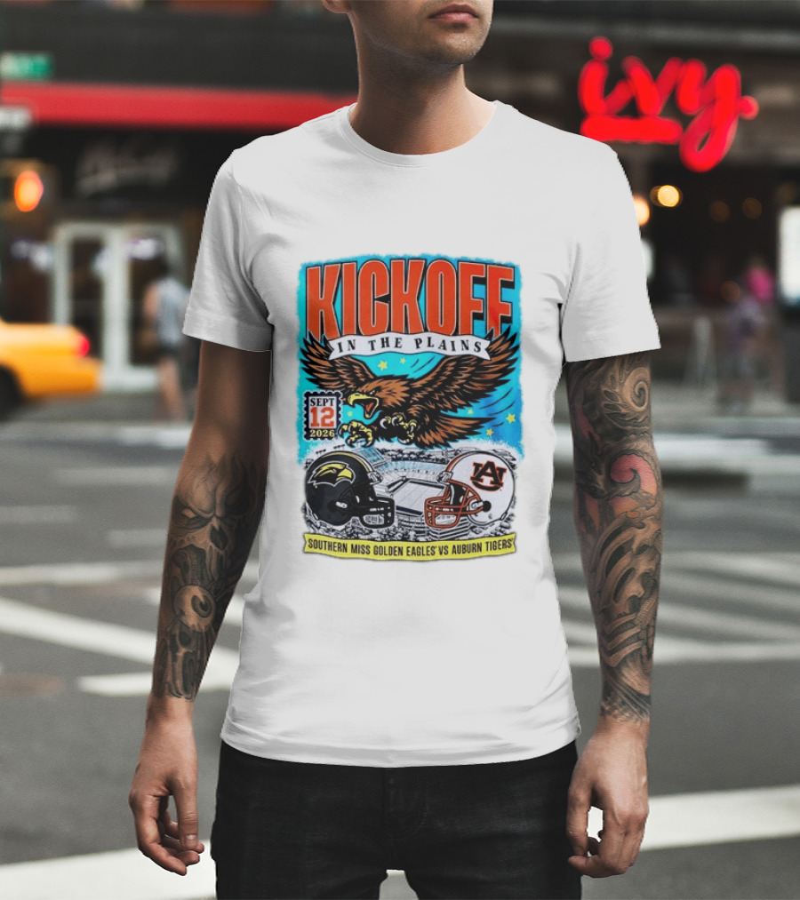Kickoff In The Plains Southern Miss Golden Eagles Vs Auburn Tigers Sept 12 2026 Football Matchup T-Shirt