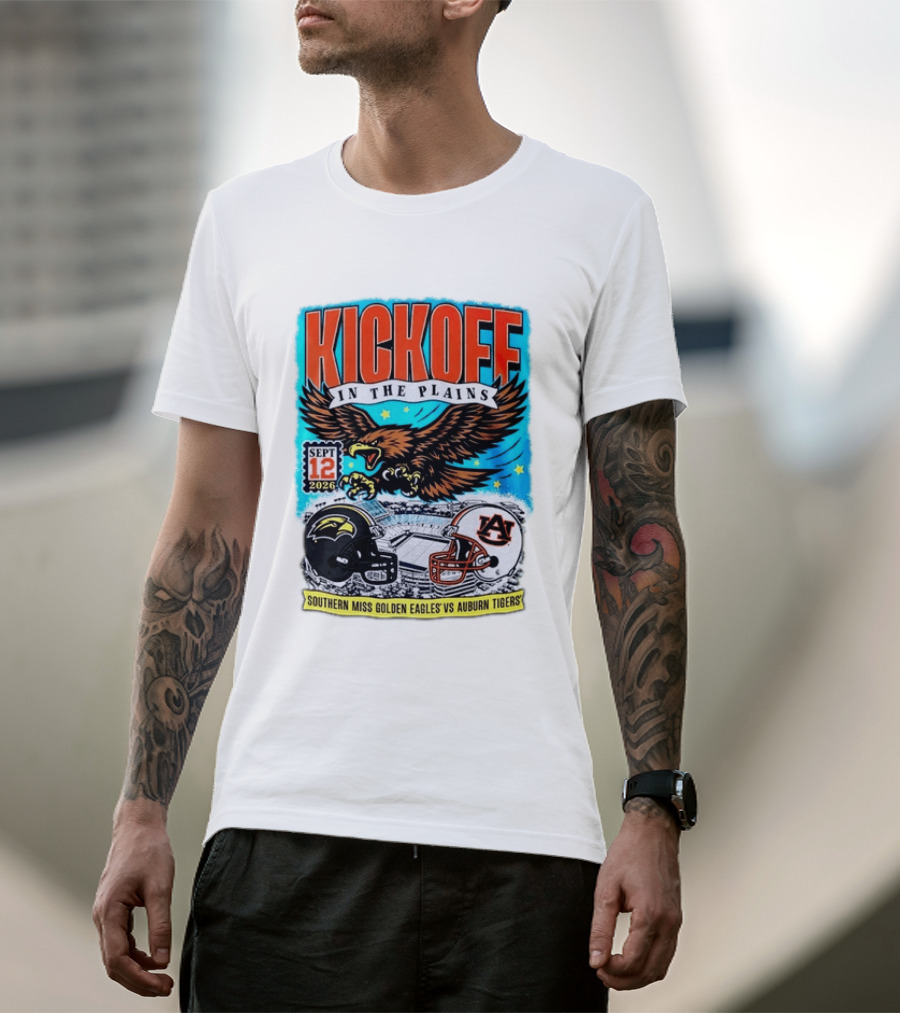 Kickoff In The Plains Southern Miss Golden Eagles Vs Auburn Tigers Sept 12 2026 Football Matchup T-Shirt