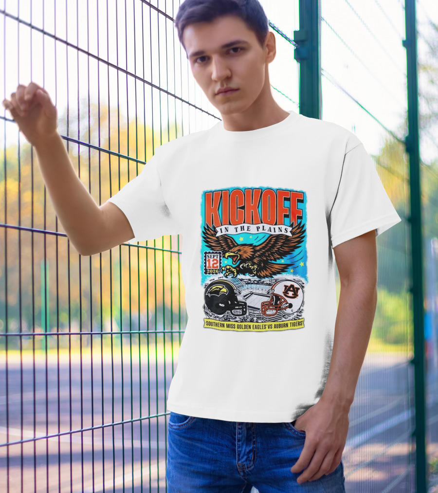 Kickoff In The Plains Southern Miss Golden Eagles Vs Auburn Tigers Sept 12 2026 Football Matchup T-Shirt