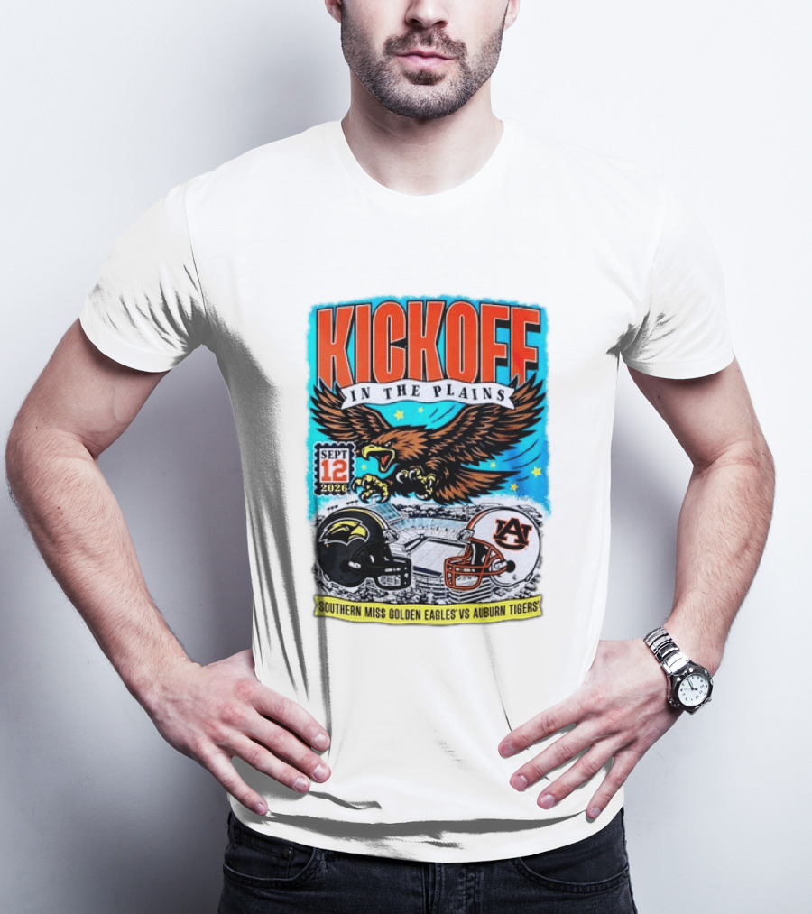 Kickoff In The Plains Southern Miss Golden Eagles Vs Auburn Tigers Sept 12 2026 Football Matchup T-Shirt