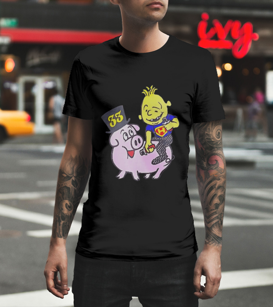 33 Cartoon Boy Yellow Hair Riding Pink Pig Black Top Hat H Hero T-Shirt
