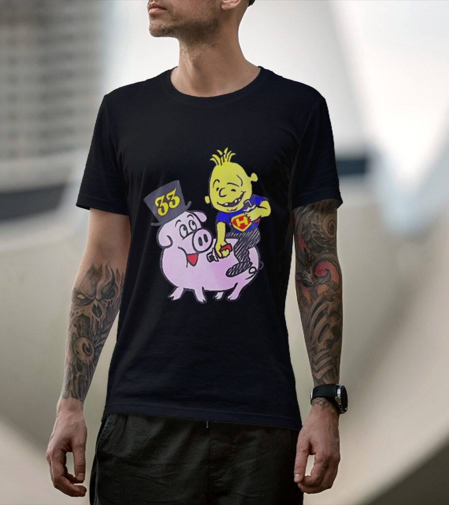 33 Cartoon Boy Yellow Hair Riding Pink Pig Black Top Hat H Hero T-Shirt
