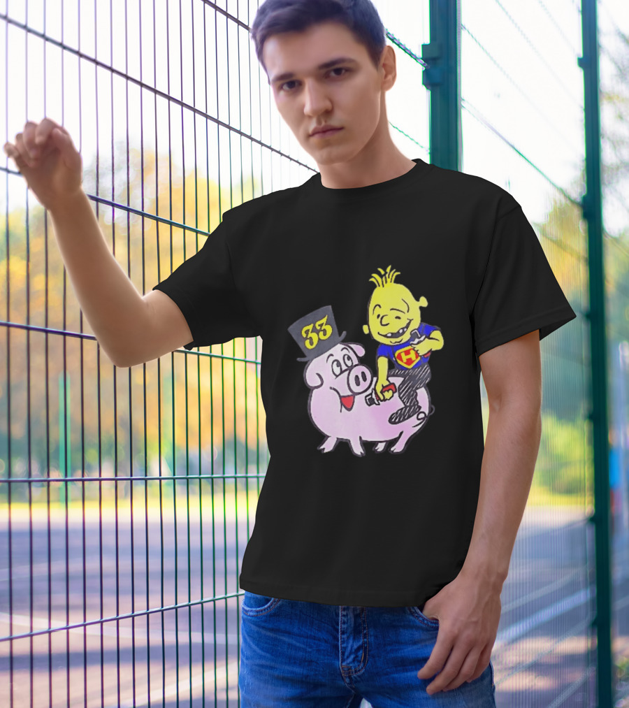 33 Cartoon Boy Yellow Hair Riding Pink Pig Black Top Hat H Hero T-Shirt