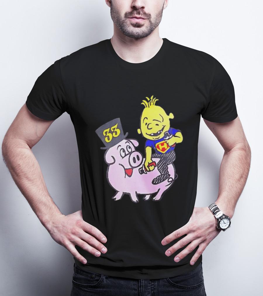 33 Cartoon Boy Yellow Hair Riding Pink Pig Black Top Hat H Hero T-Shirt