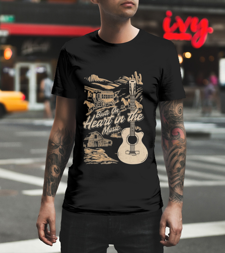 Boots On Heart In The Music Acoustic Guitar Cowboy Stagecoach Barn Scene T-Shirt