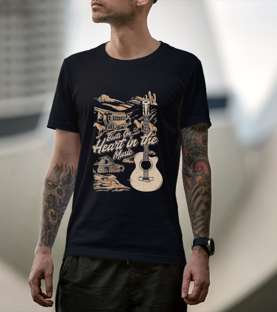 Boots On Heart In The Music Acoustic Guitar Cowboy Stagecoach Barn Scene T-Shirt