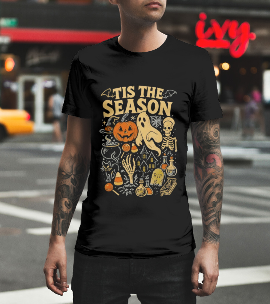 Tis The Season Halloween Pumpkin Ghost Skeleton Bats Candy T-Shirt
