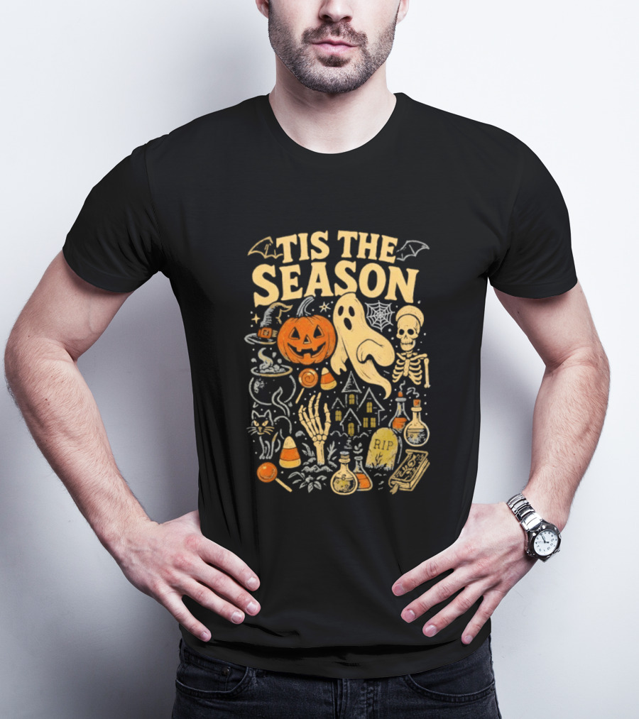Tis The Season Halloween Pumpkin Ghost Skeleton Bats Candy T-Shirt