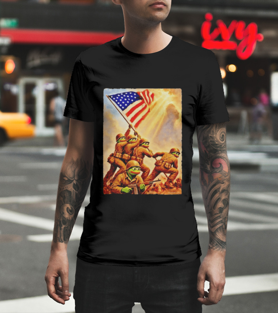 Pepe The Frog American Flag Soldiers Together We Win WWII Iwo Jima Memorial T-Shirt