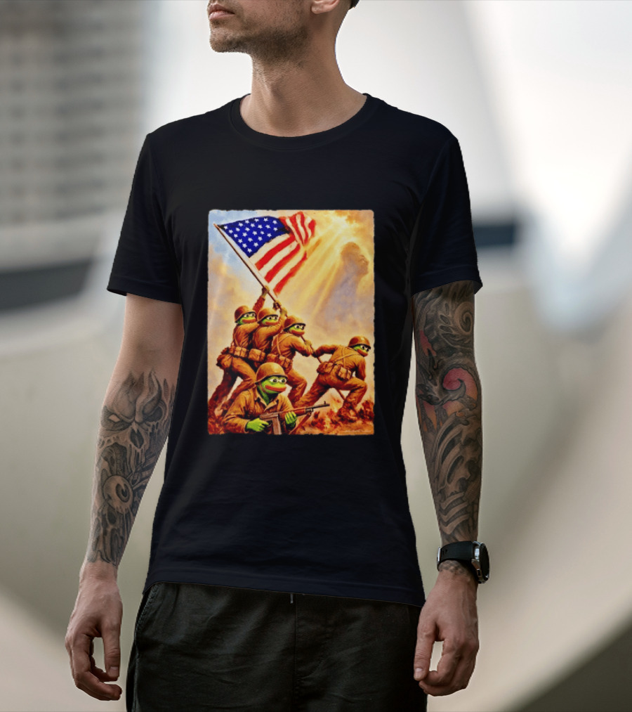 Pepe The Frog American Flag Soldiers Together We Win WWII Iwo Jima Memorial T-Shirt