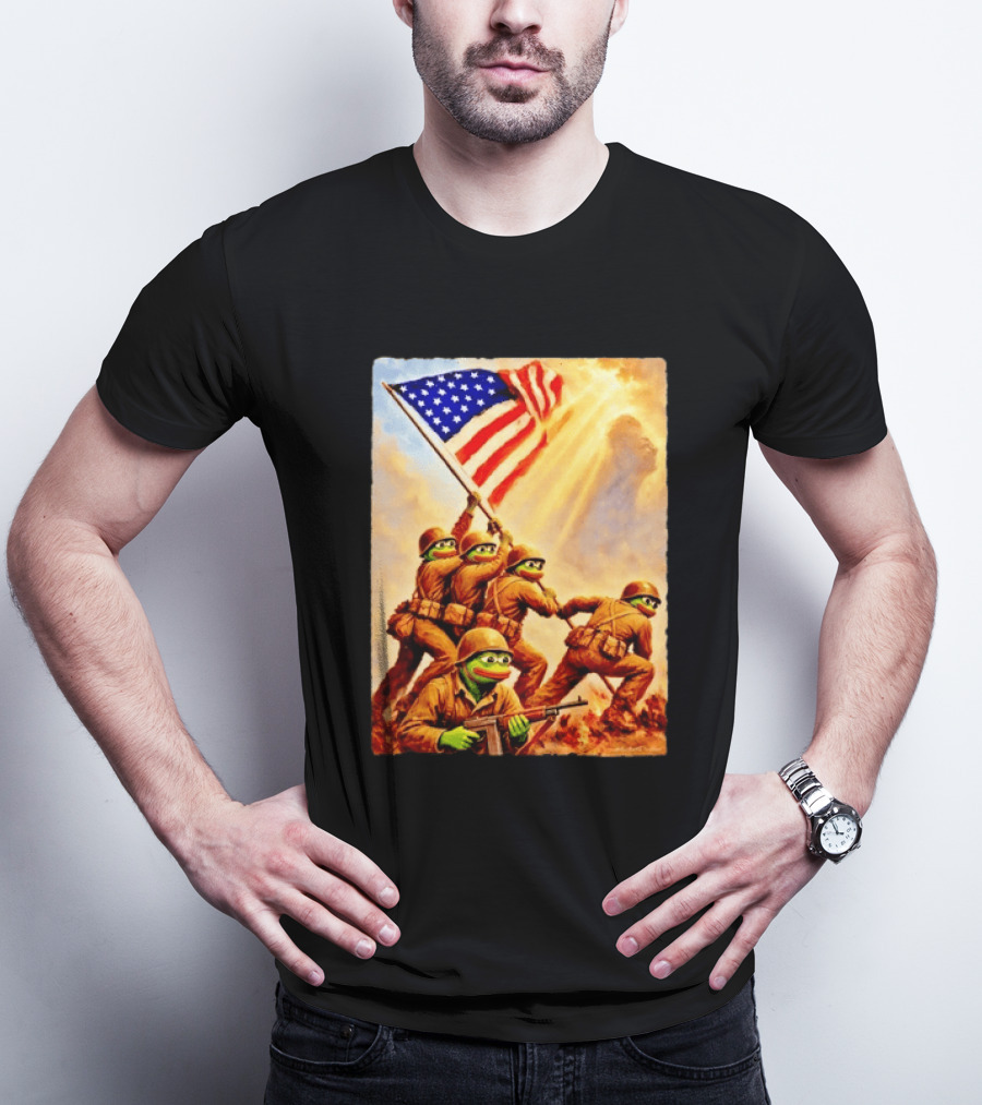 Pepe The Frog American Flag Soldiers Together We Win WWII Iwo Jima Memorial T-Shirt