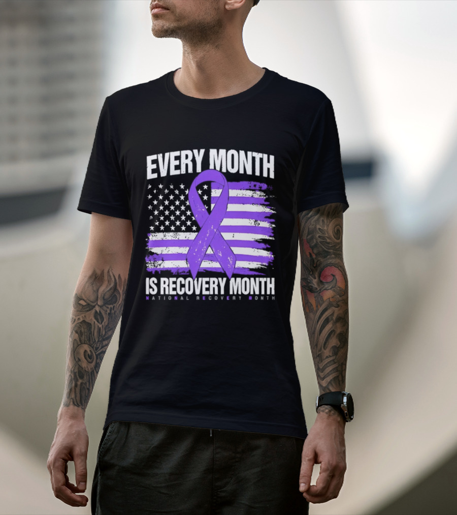Every Month Is Recovery Month Purple Ribbon American Flag National Recovery Month T-Shirt