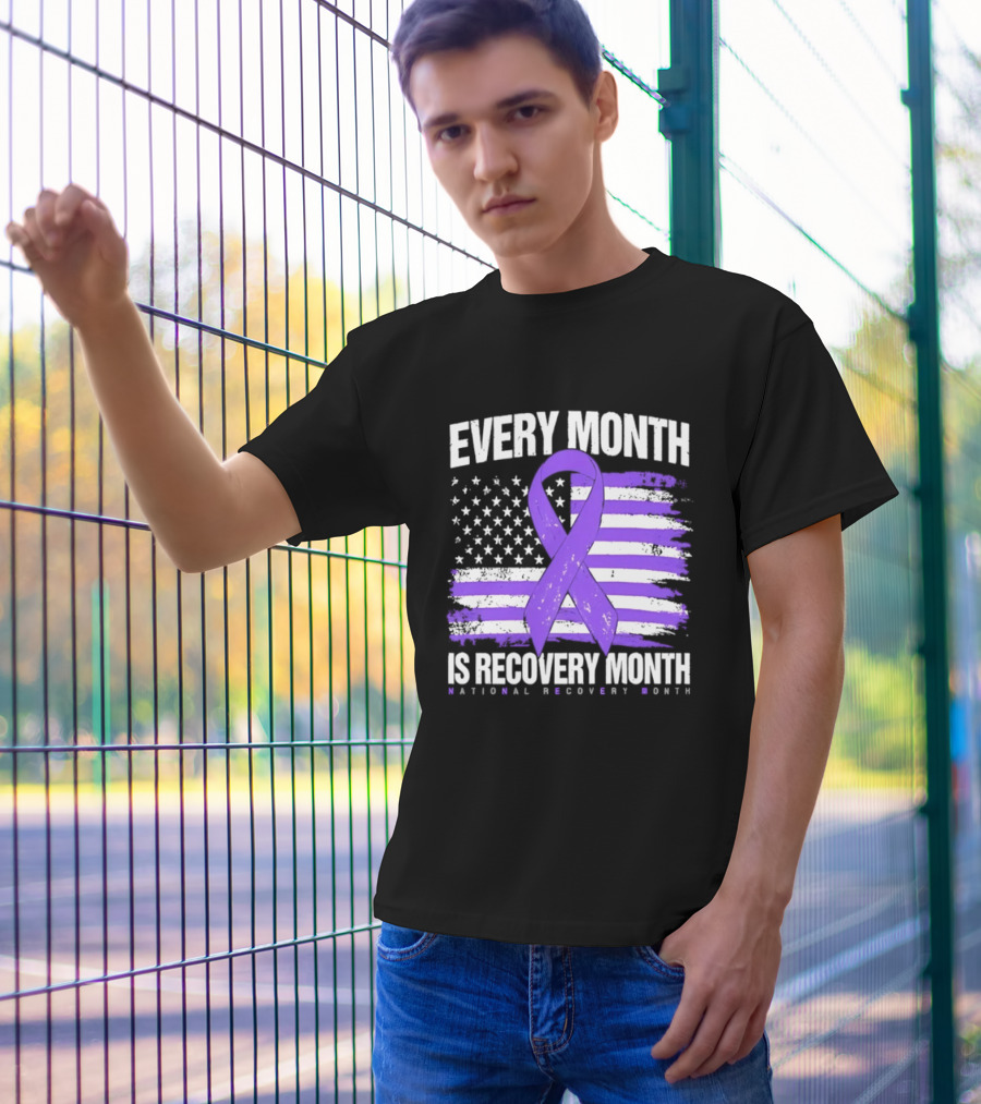Every Month Is Recovery Month Purple Ribbon American Flag National Recovery Month T-Shirt