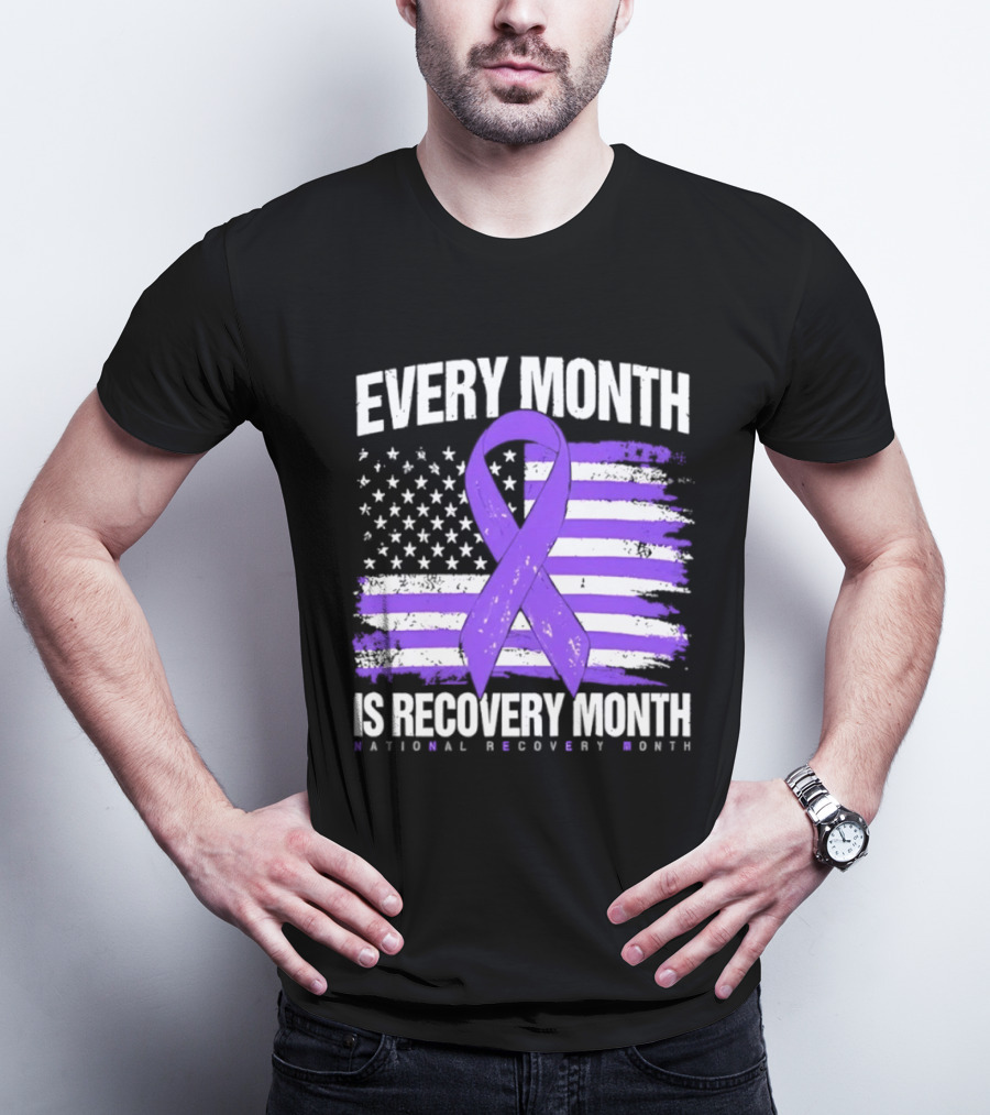Every Month Is Recovery Month Purple Ribbon American Flag National Recovery Month T-Shirt