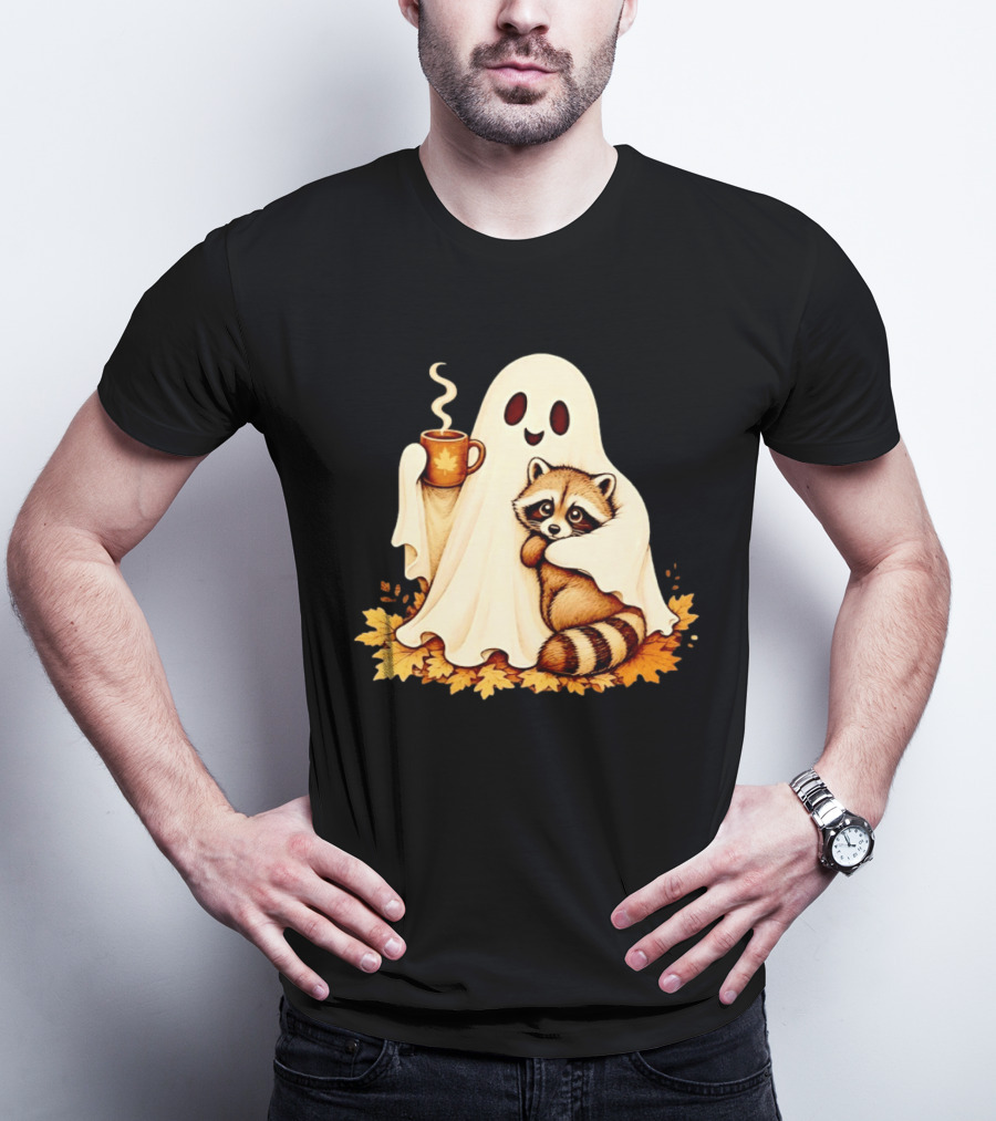 Ghost Hugging Raccoon With Coffee And Autumn Leaves T-Shirt