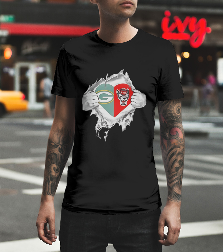 Green Bay Packers NC State Wolfpack Heart Superman Chest Rip T-Shirt