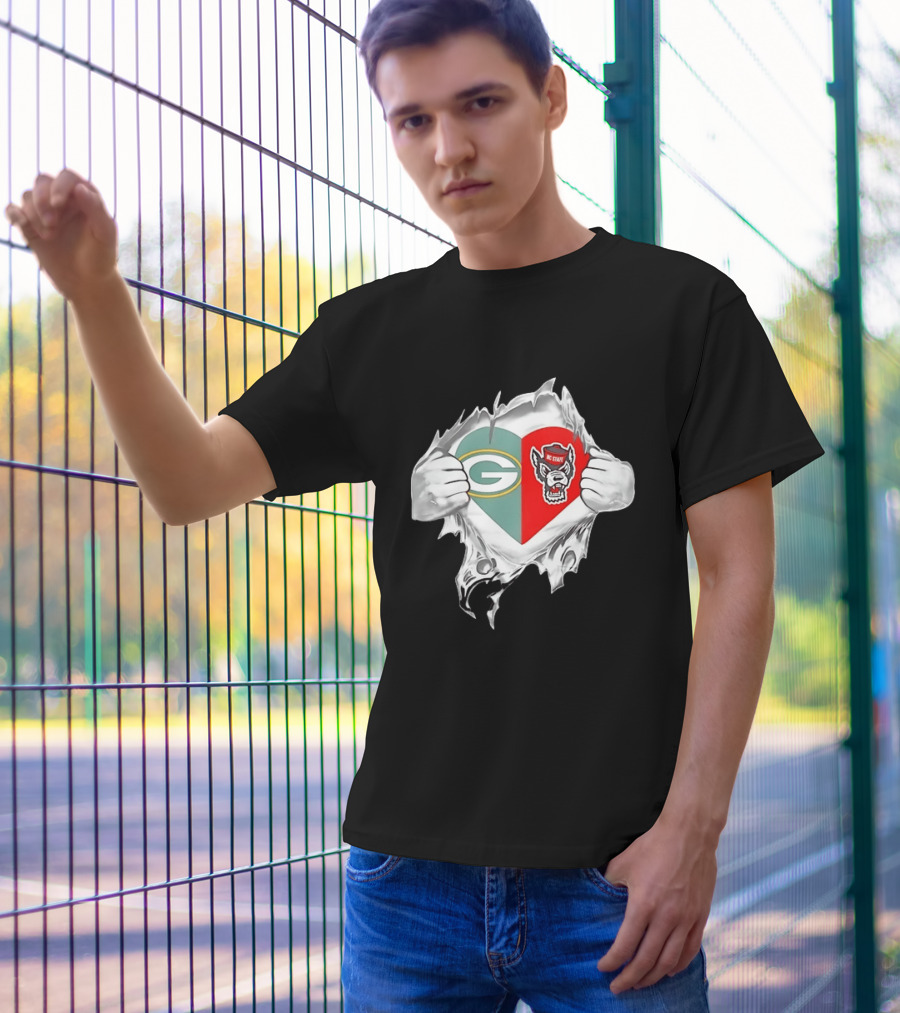 Green Bay Packers NC State Wolfpack Heart Superman Chest Rip T-Shirt
