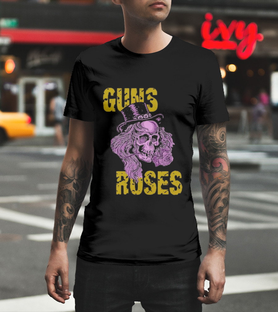 Guns N' Roses Distressed Skull With Top Hat And Roses T-Shirt