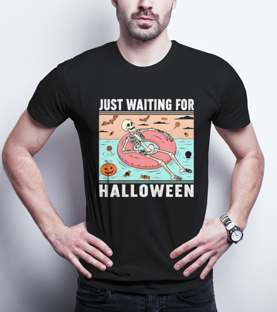 Just Waiting For Halloween Skeleton Pool Float With Candy And Pumpkin T-Shirt