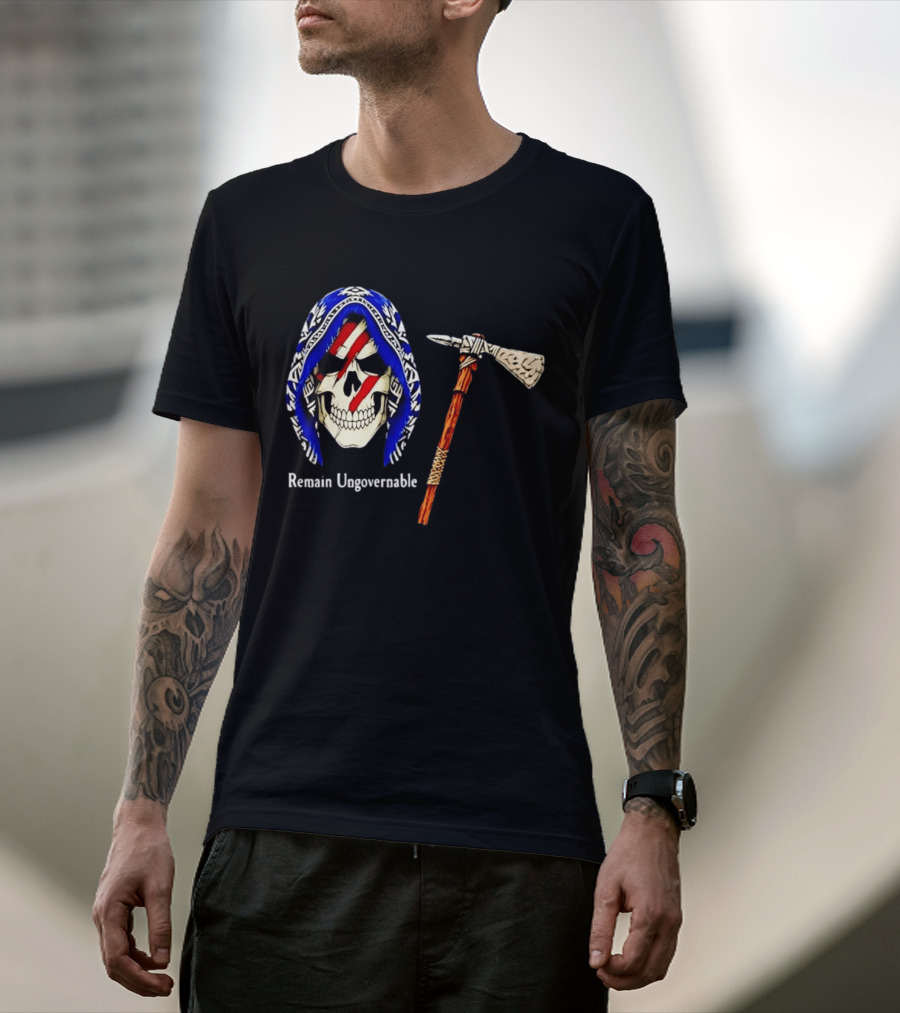 Skull With Tomahawk Remain Ungovernable Hooded Skeleton Red Marks T-Shirt