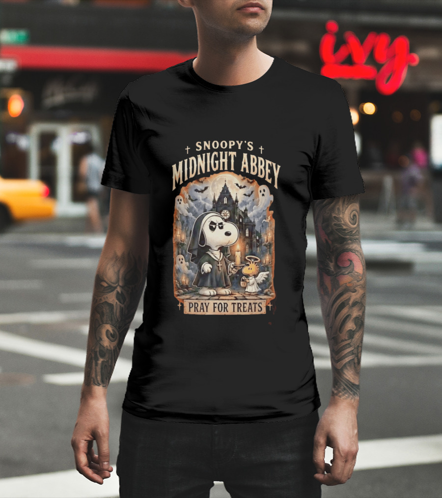 Snoopy's Midnight Abbey Pray For Treats Halloween Cathedral Scene T-Shirt