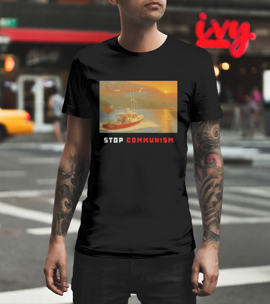 Stop Communism Freedom Boat American Flag Sunset Landscape T-Shirt