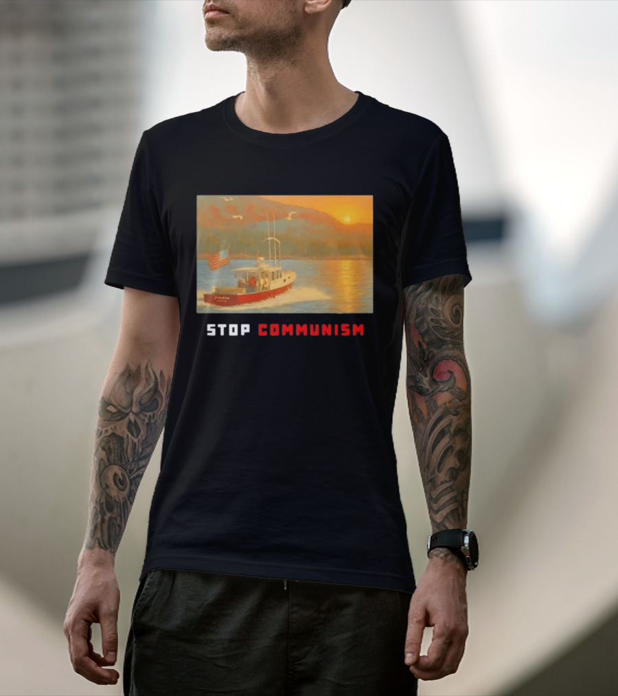 Stop Communism Freedom Boat American Flag Sunset Landscape T-Shirt