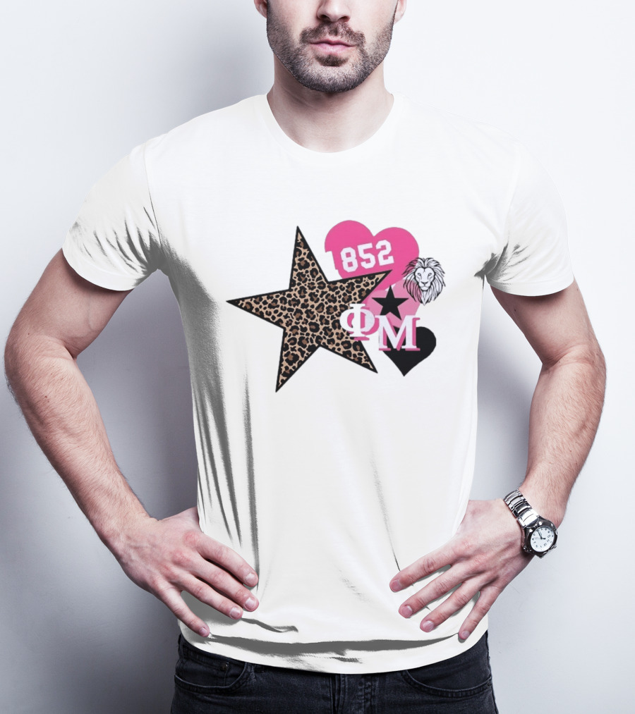 Phi Mu 1852 Leopard Star Lion 852 Pink Heart Sorority T-Shirt