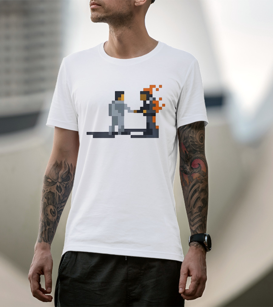 Pink Floyd Wish You Were Here Pixelated Two Men Shaking Hands Flames T-Shirt