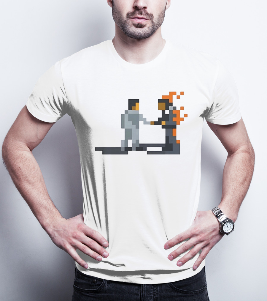 Pink Floyd Wish You Were Here Pixelated Two Men Shaking Hands Flames T-Shirt