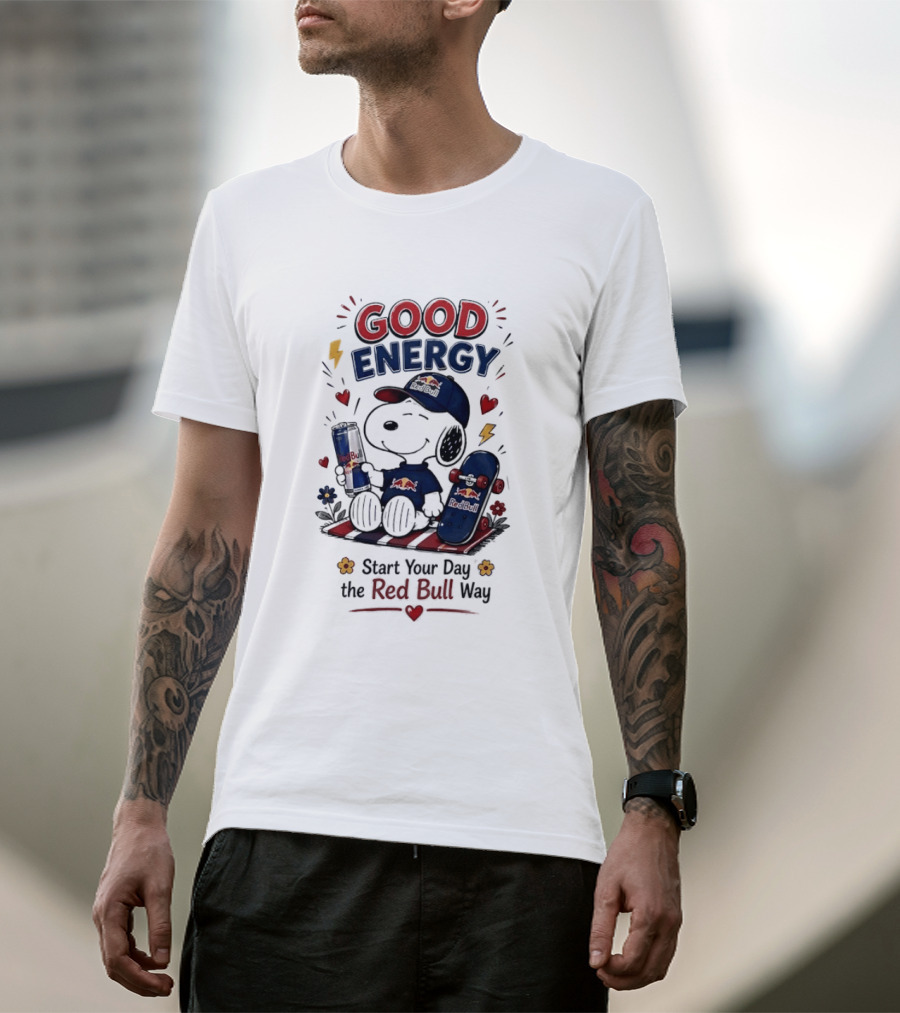 Snoopy Good Energy Start Your Day The Red Bull Way Skateboard And Drink T-Shirt